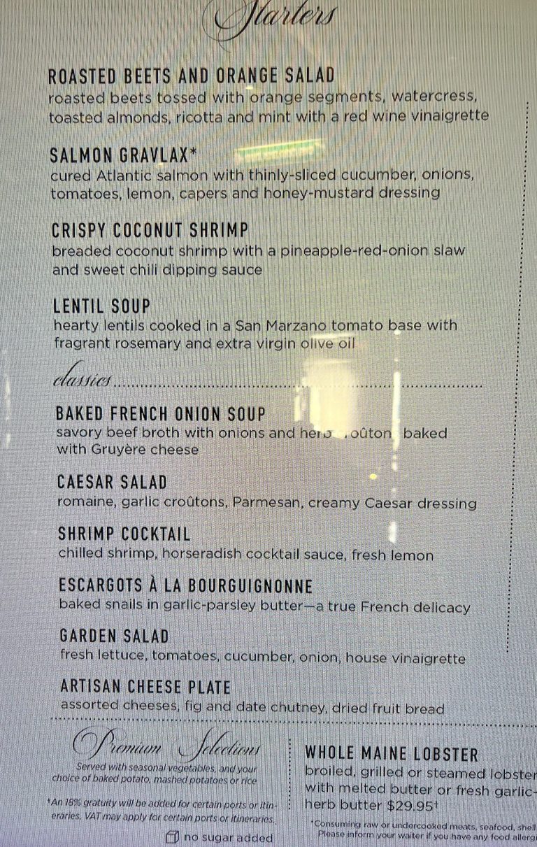 Royal Caribbean Mariner of the Seas Main Dining Room Menu 2022 ...